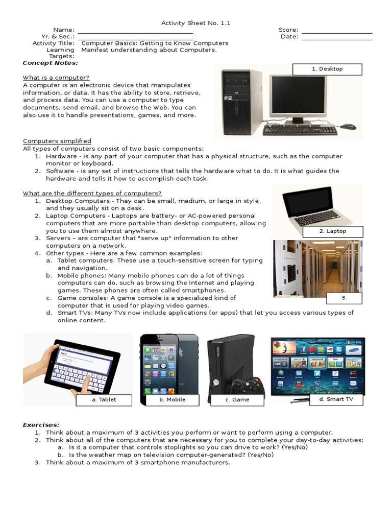Activity Sheets For Basic Computer Operations Web Browser Operating System 