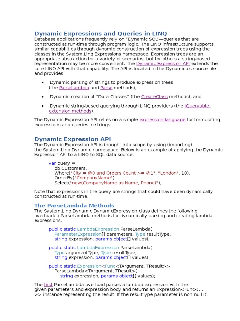 Dynamic Expressions and Queries in LINQ | PDF | Language Integrated Query | Parameter (Computer ...