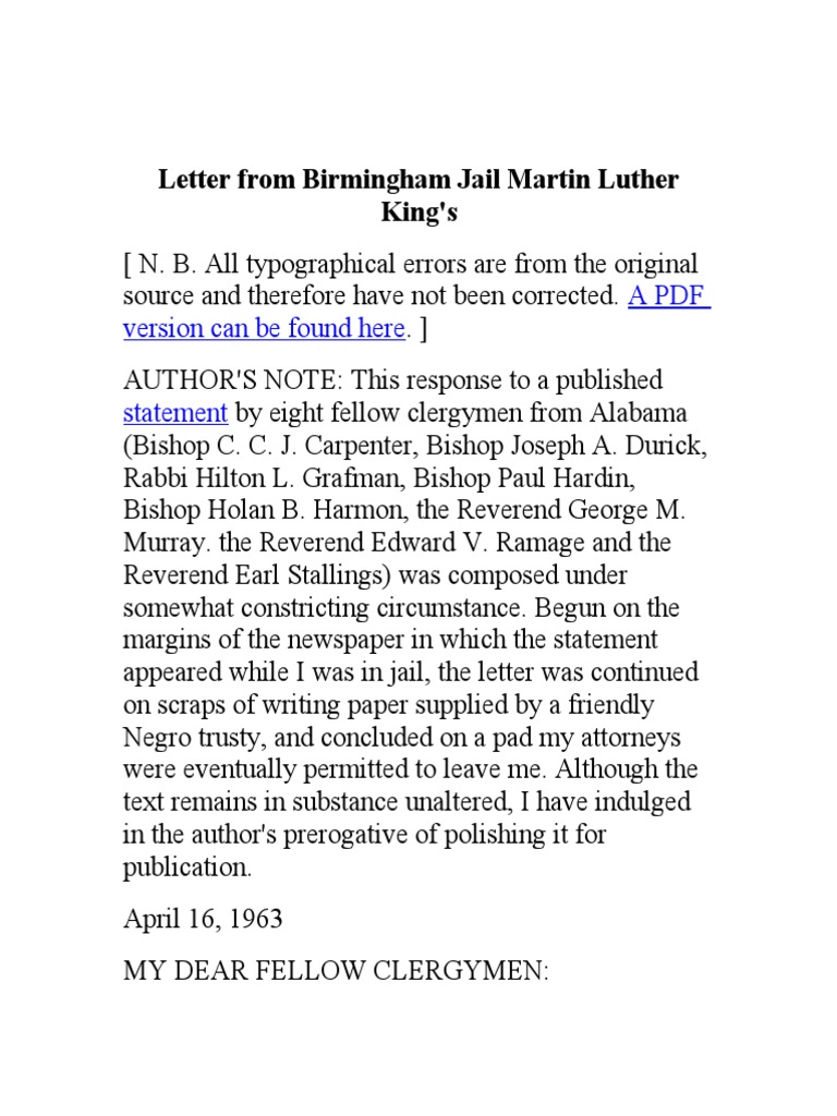 Letter From Birmingham Jail Martin Luther King's: A PDF Version Can Be ...