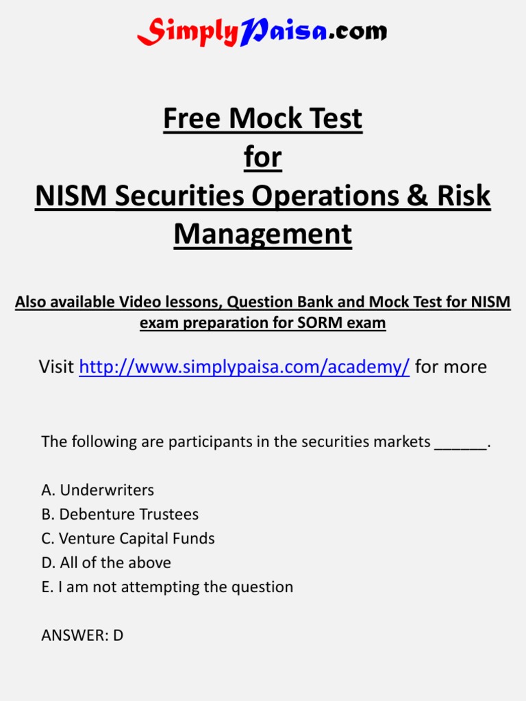 NISM SORM Free Mock Test | PDF | Capital Market | Securities (Finance)