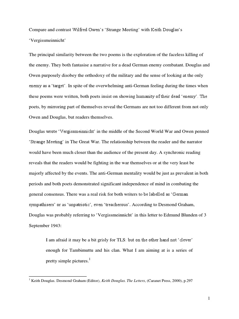 Compare and Contrast Wilfred Owen's Strange Meeting' With Keith Douglas ...