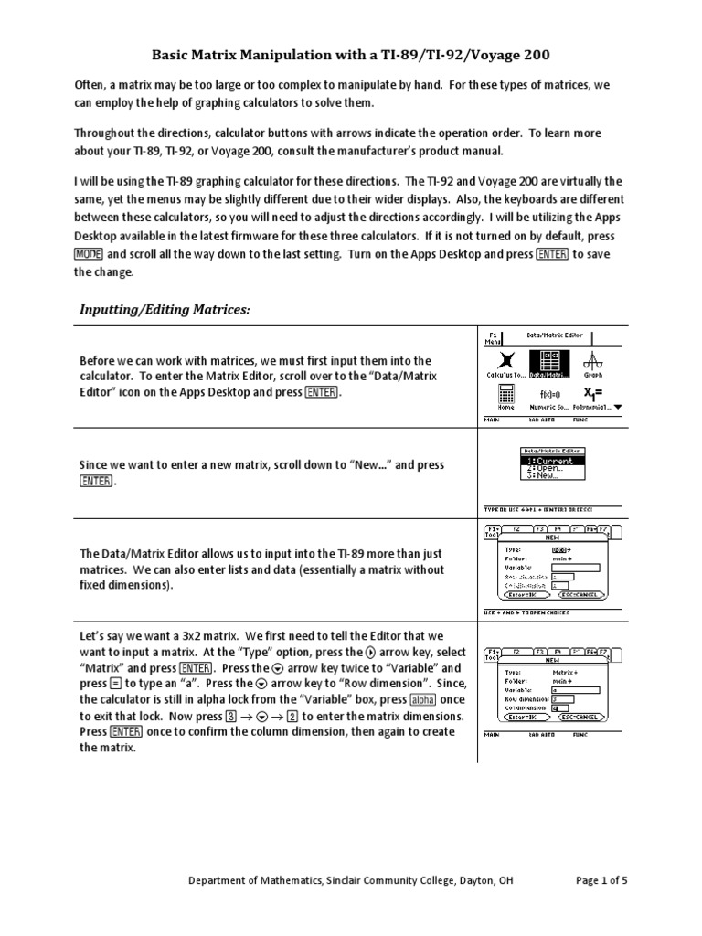 Basic Matrix Manipulation With A TI 89/TI 92/voyage 200: Inputting ...
