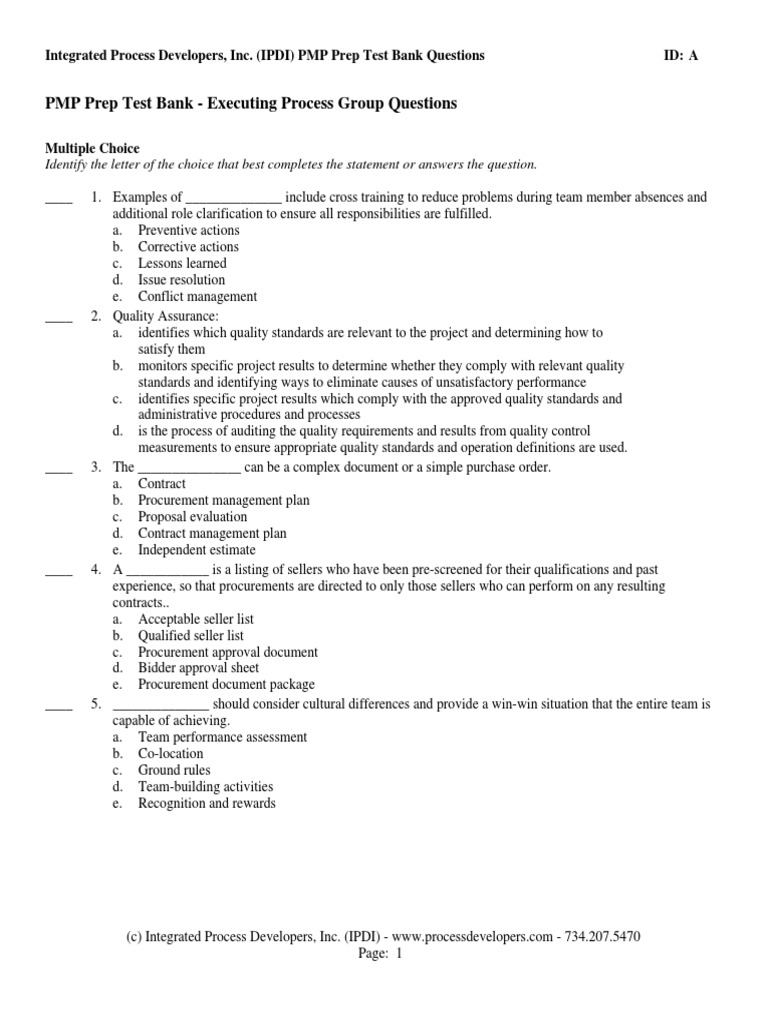 PMP Test Bank: Executing Process Group Questions | PDF | Project ...