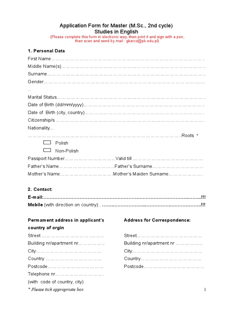 Application Form For MSC Studies in English | PDF | European Economic ...