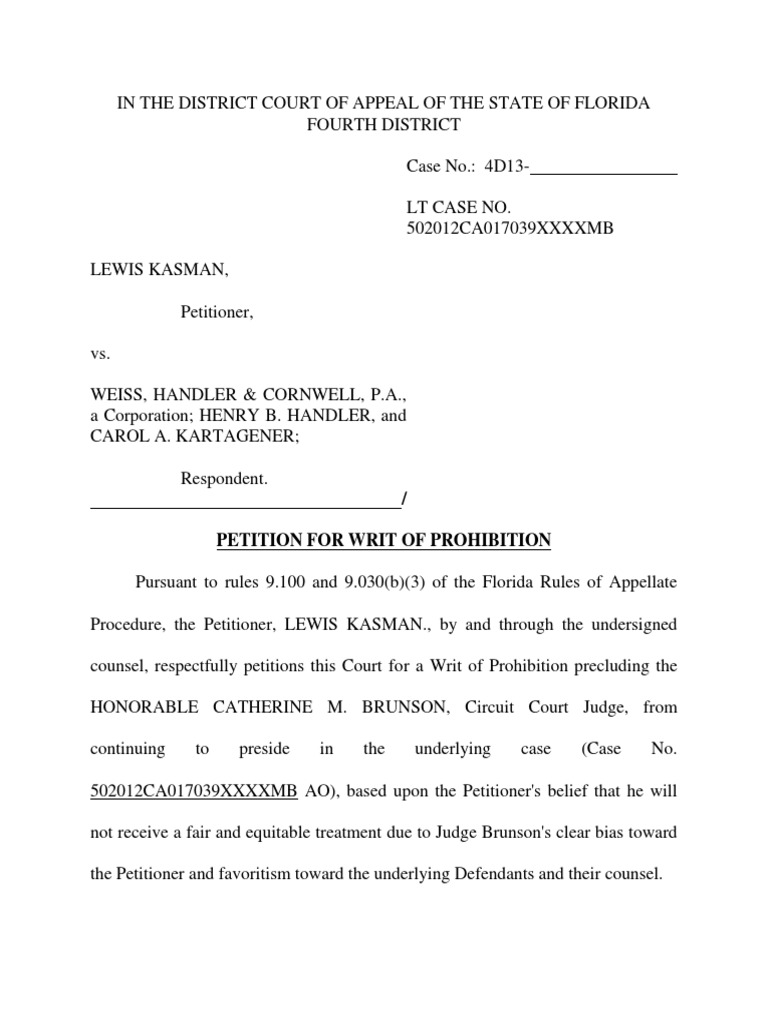 Petition for Writ of Prohibition | Writ Of Prohibition | Lawsuit