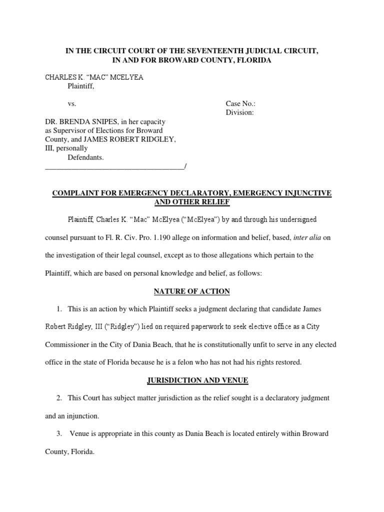 Complaint - Dania Beach Case | PDF | Declaratory Judgment | Injunction