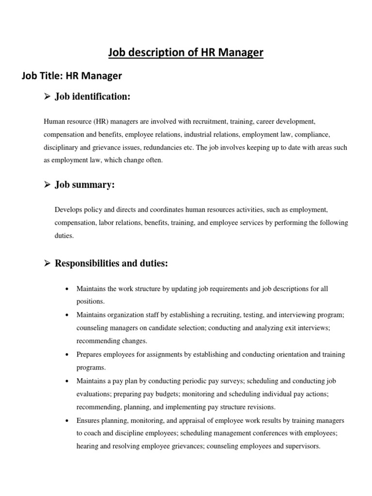 Job Description of HR Manager | Download Free PDF | Employment | Human ...