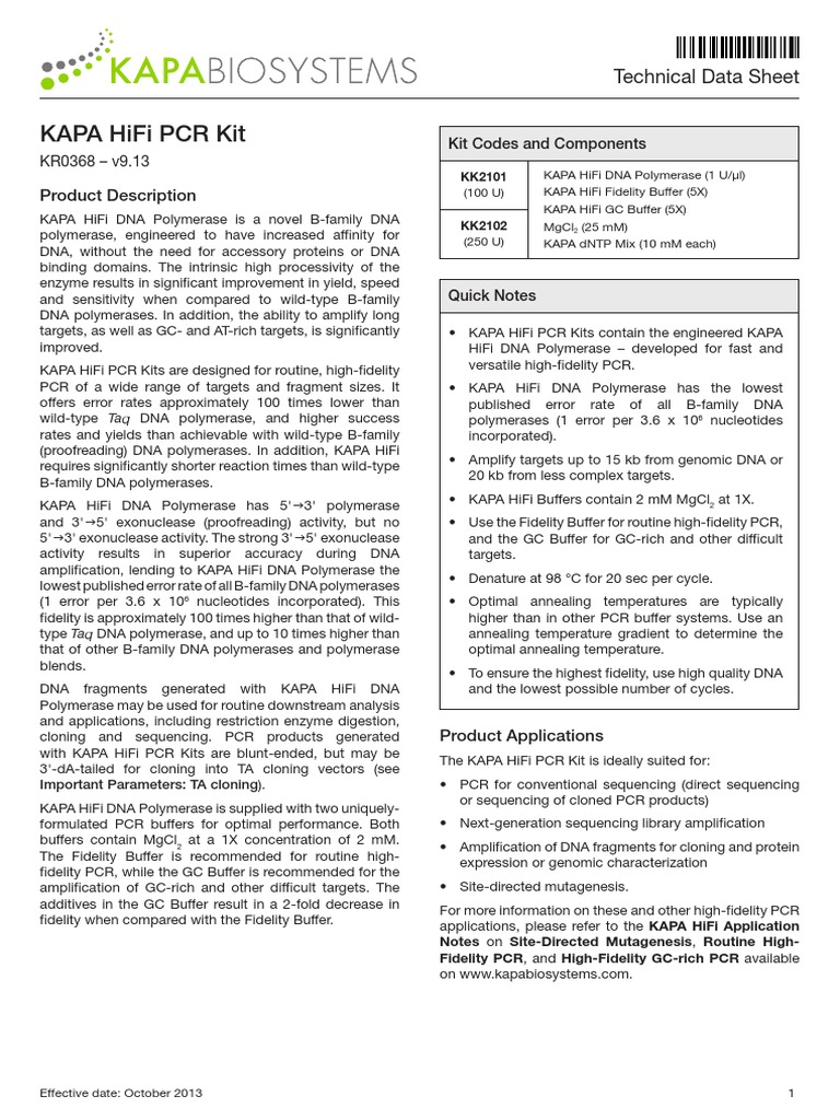 Kapa Hifi Tds | PDF | Polymerase Chain Reaction | Primer (Molecular ...