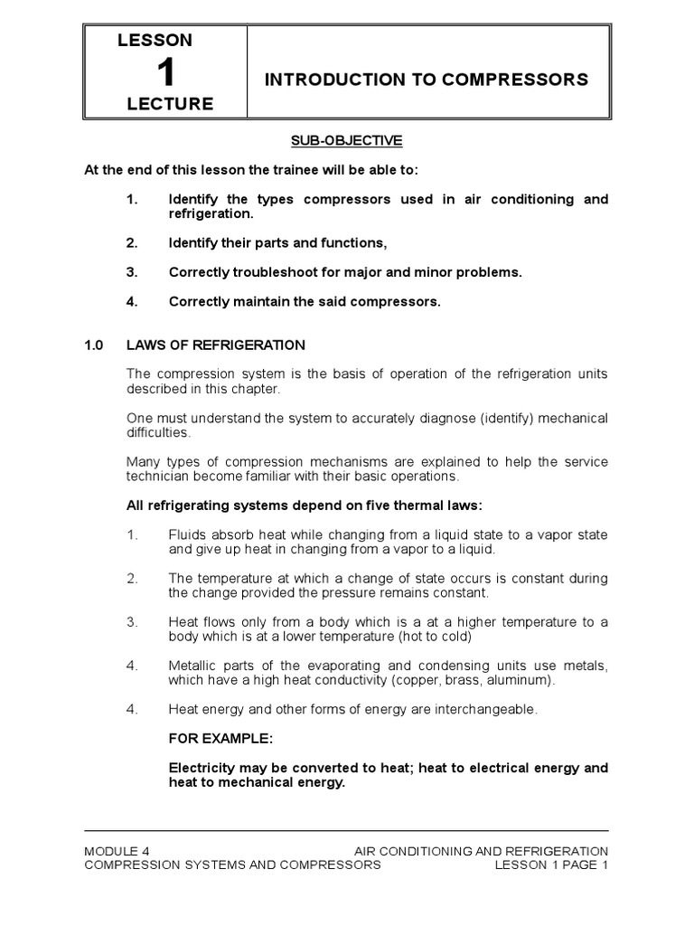 Lesson Introduction To Compressors | PDF | Gas Compressor | Refrigerator