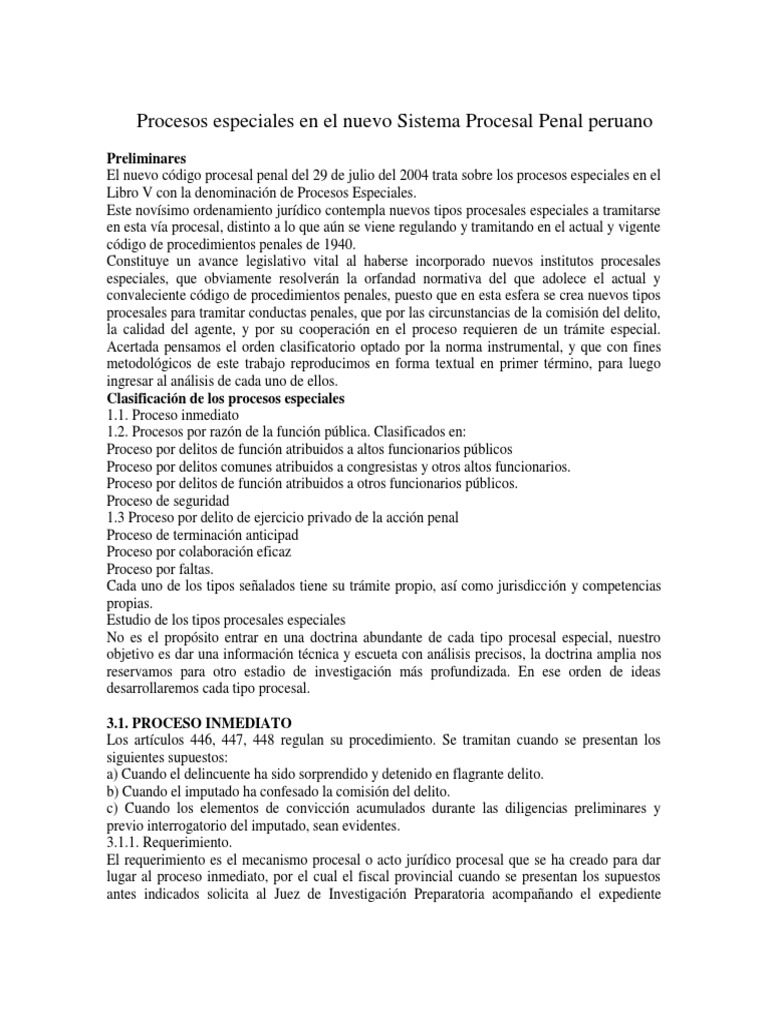 Procesos Especiales en El Nuevo Sistema Procesal Penal Peruano | PDF ...