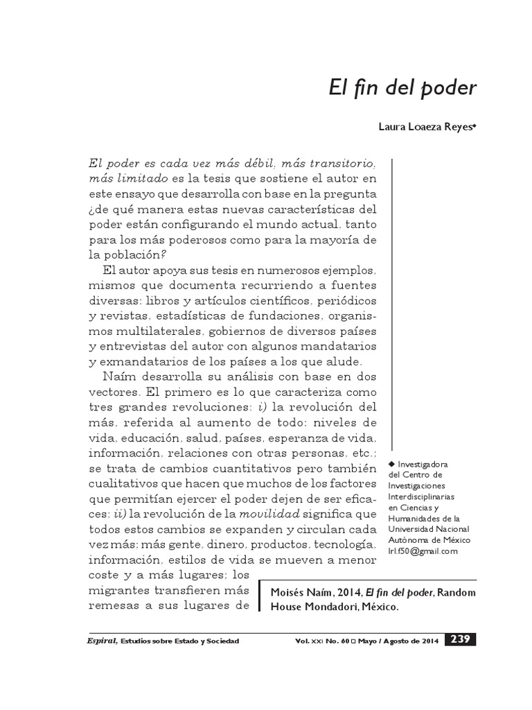 Moises Naim - El Fin Del Poder (Comentarios de Laura Loaeza Reyes) | PDF | Estado (política ...