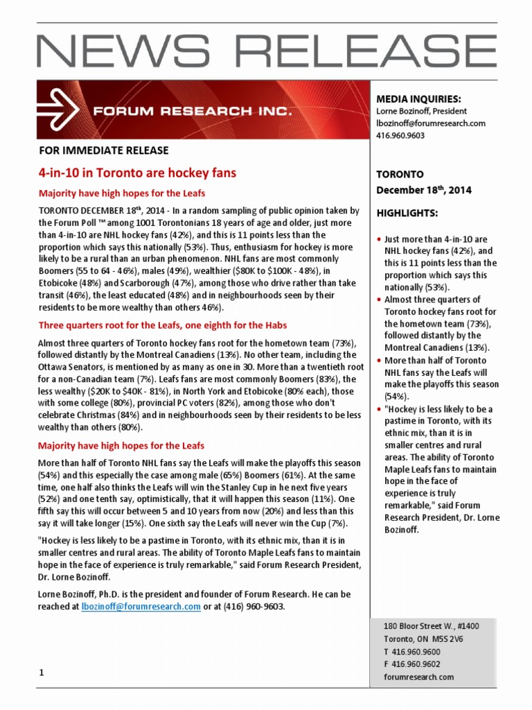 Forum Research Toronto Hockey Poll | PDF | Toronto Maple Leafs ...