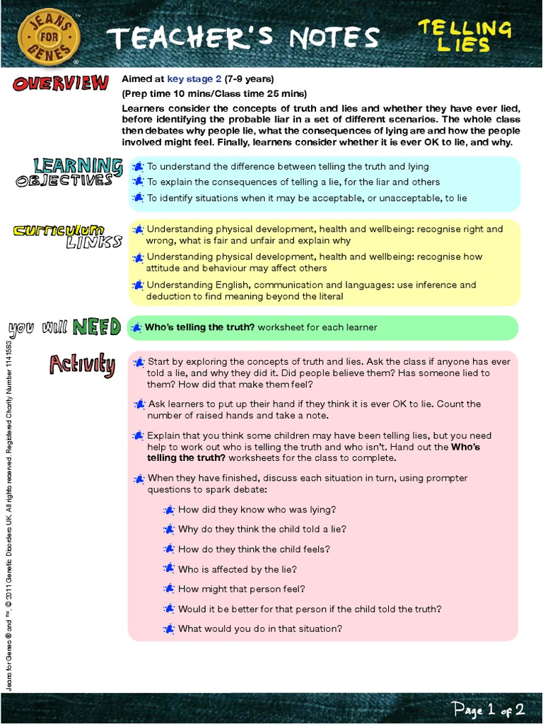 Telling Lies Notes and Worksheet | Lie | Truth