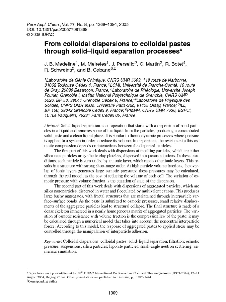 From Colloidal Dispersions To Colloidal Pastes Through Solid-Liquid ...