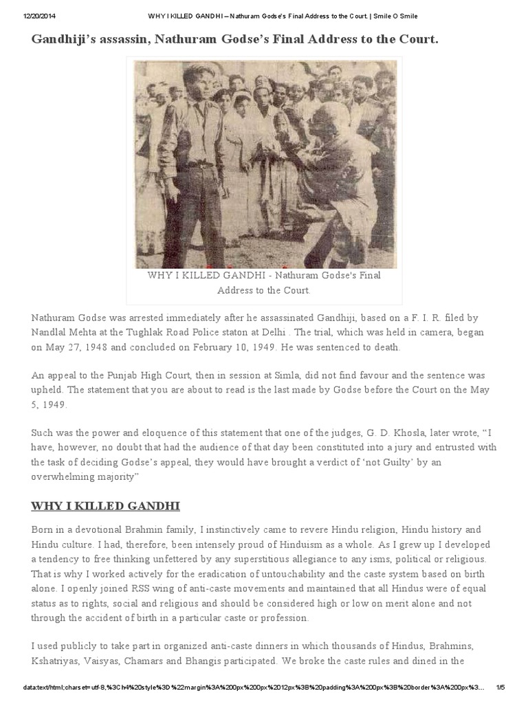 WHY I KILLED GANDHI - Nathuram Godse's Final Address To The Court | PDF ...