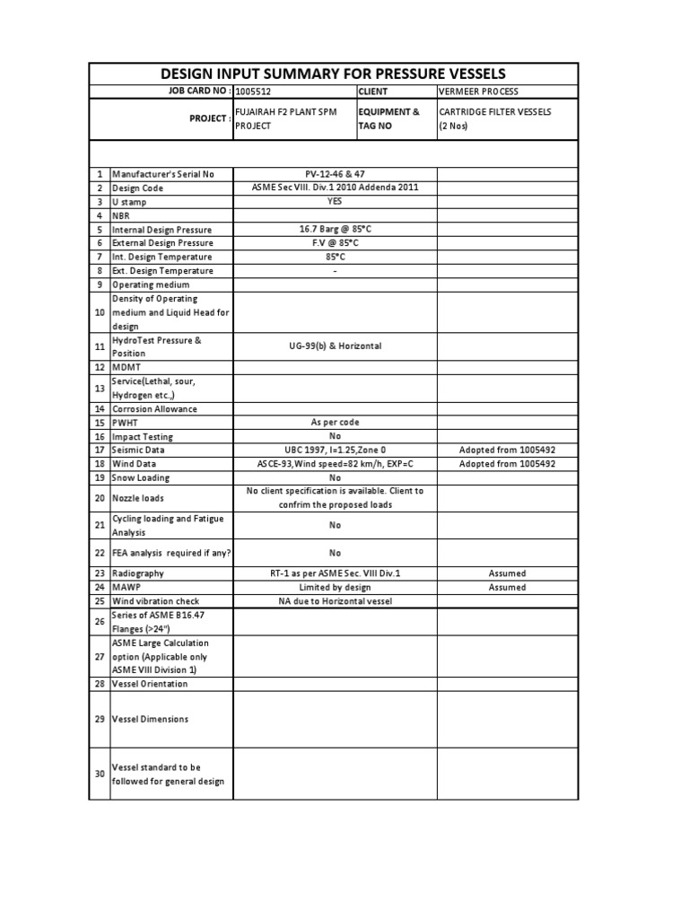 Pressure Vessel Design Input Summary | PDF