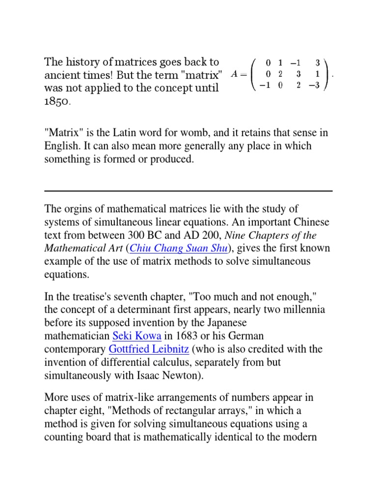 The Origins and Early History of Matrices: From Ancient China to Modern ...
