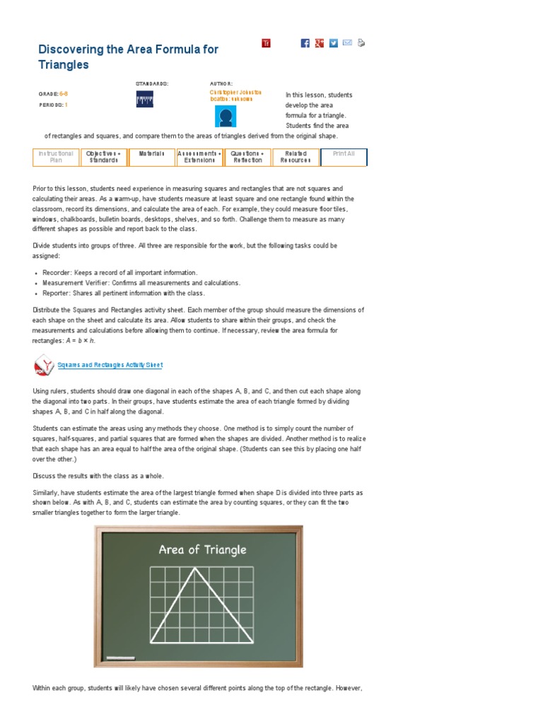 Discovering The Area Formula For Triangles Pdf Area Triangle