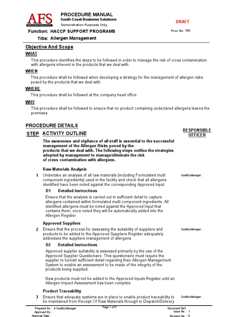 Procedure Manual: Function: Haccp Support Programs Title: Allergen ...