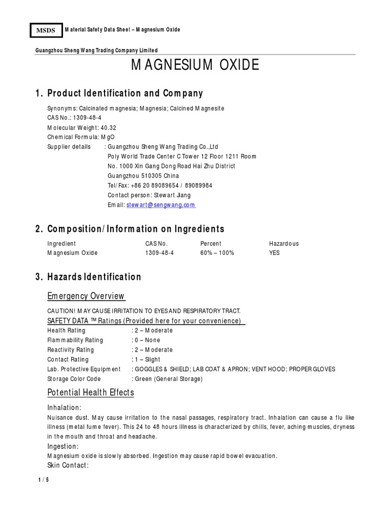 Mgo Msds PDF | PDF | Safety | Materials