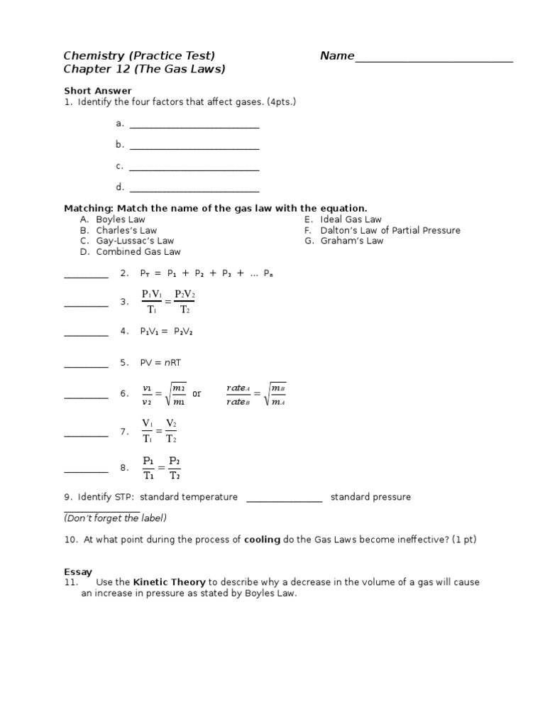 Test Ch. 12 (The Gas Laws) Practice | Gases | Temperature