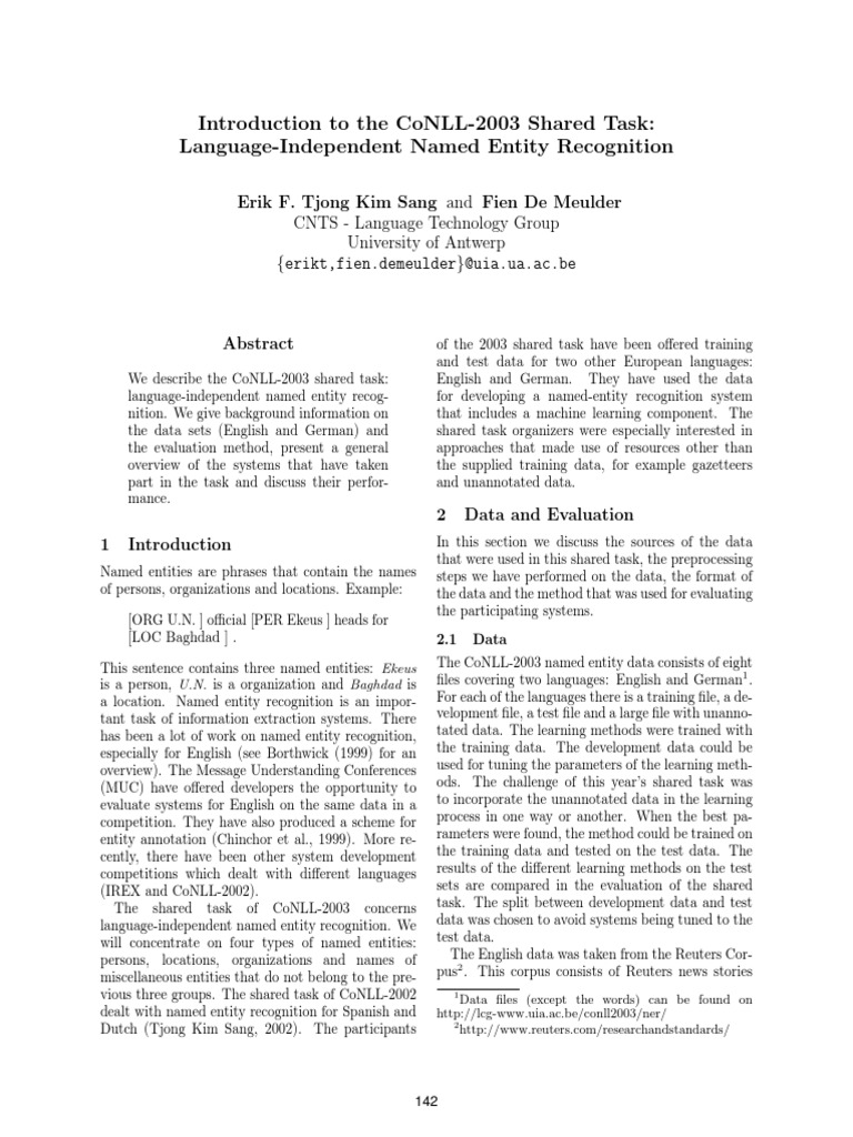Introduction to the CoNLL-2003 Shared Task: Language-Independent Named Entity Recognition | PDF ...