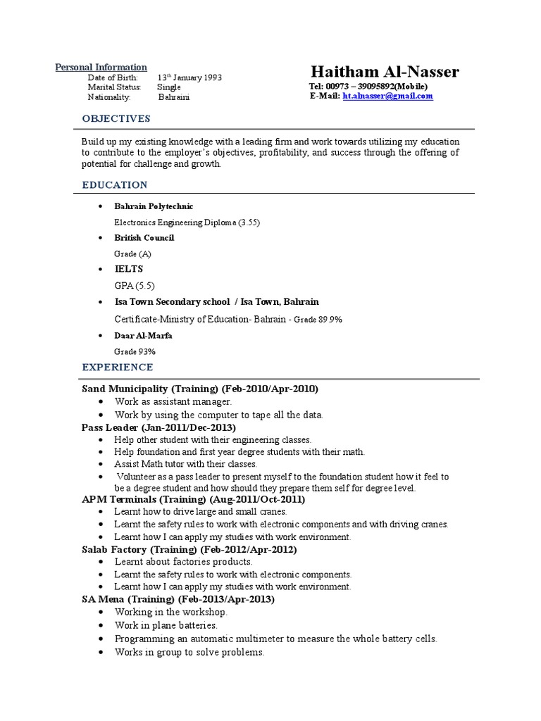 Haitham Al-Nasser CV | PDF | Grading (Education) | Cognition