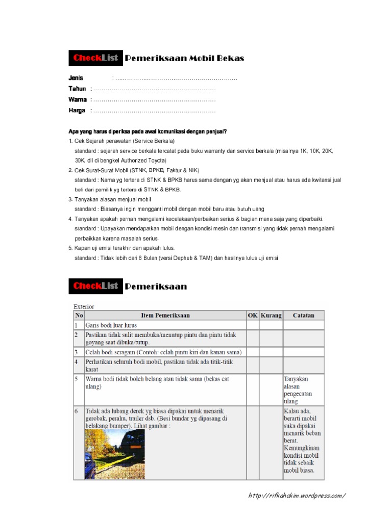Checklist Pemeriksaan Mobil Bekas | PDF