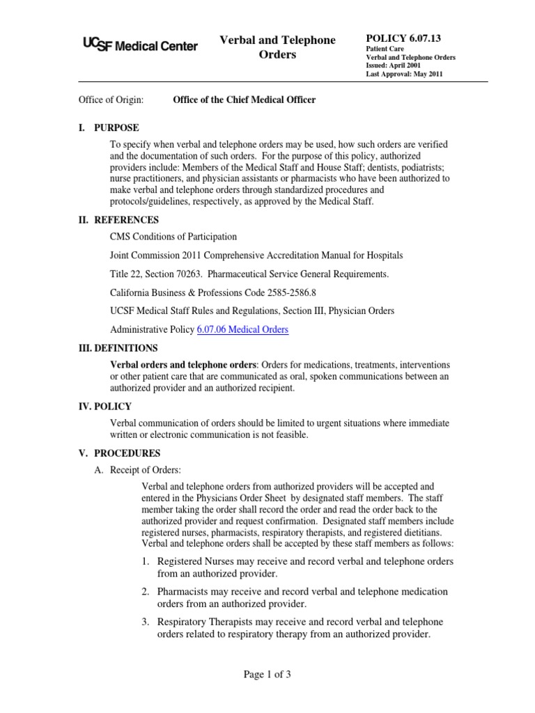Verbal and Telephone Orders 2011 | Health Care | Public Health