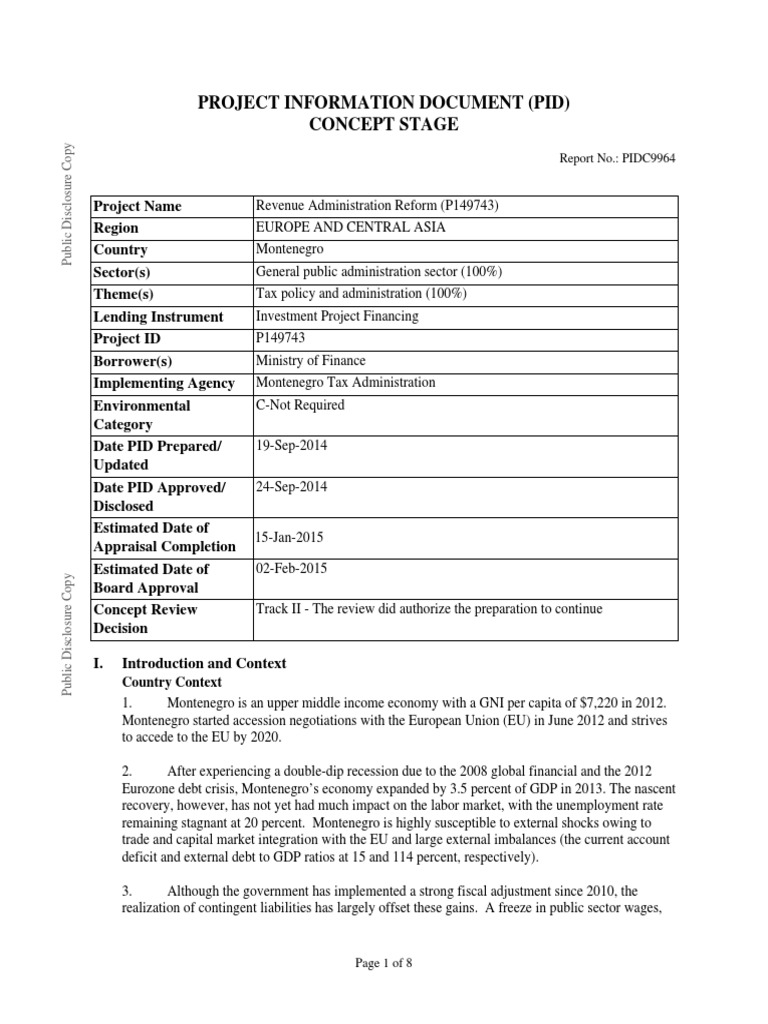 Project Information Document (Pid) Concept Stage: Report No.: PIDC9964 ...