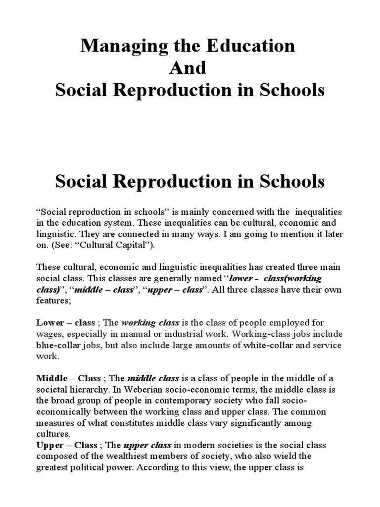 Managing The Education and Social Reproduction in Schools | PDF ...