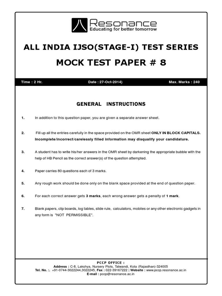 Mock Test Paper # 8: All India Ijso (Stage-I) Test Series | PDF ...