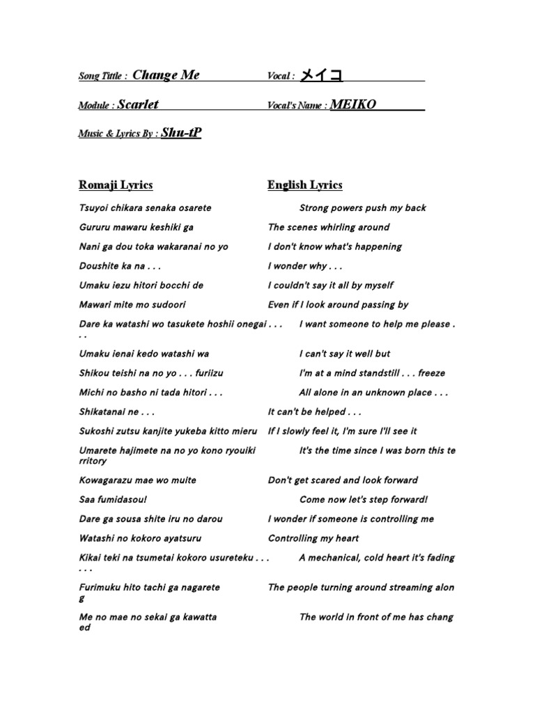 Change Me Scarlet Meiko Shu-tP: Romaji Lyrics English Lyrics | PDF ...