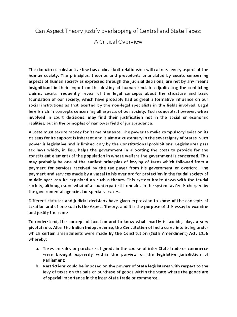 Can Aspect Theory Justify Overlapping of Central and State Taxes: A ...