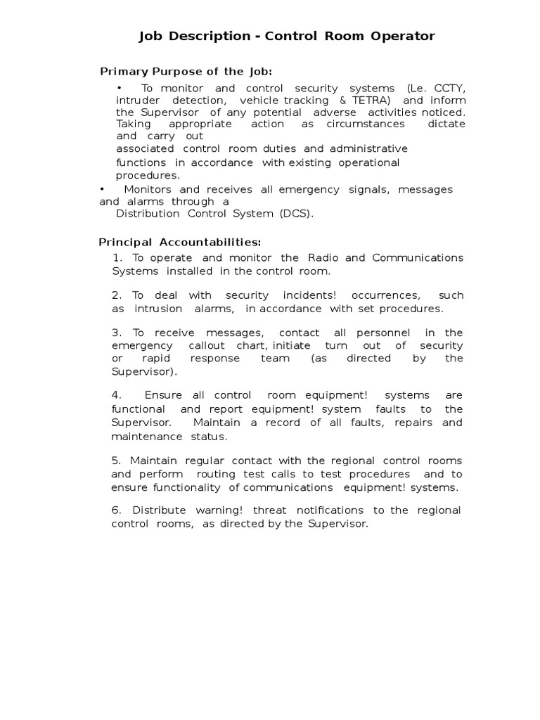 JD - Control Room Operator | Download Free PDF | Security Alarm ...
