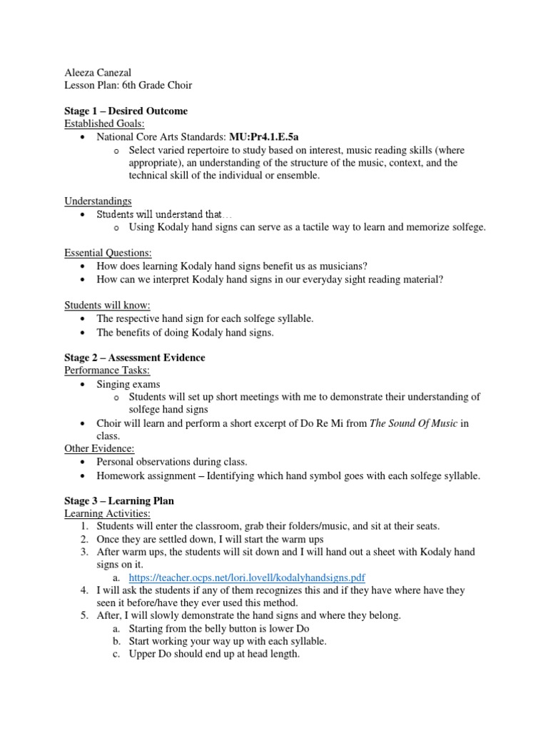Kodaly Hand Signs for 6th Grade Choir | PDF | Homework | Lesson Plan