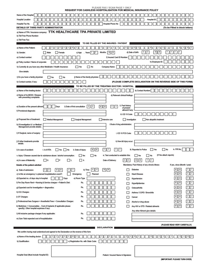 Cashless Hospitalization Pre-Authorization Form | PDF | Patient | Hospital