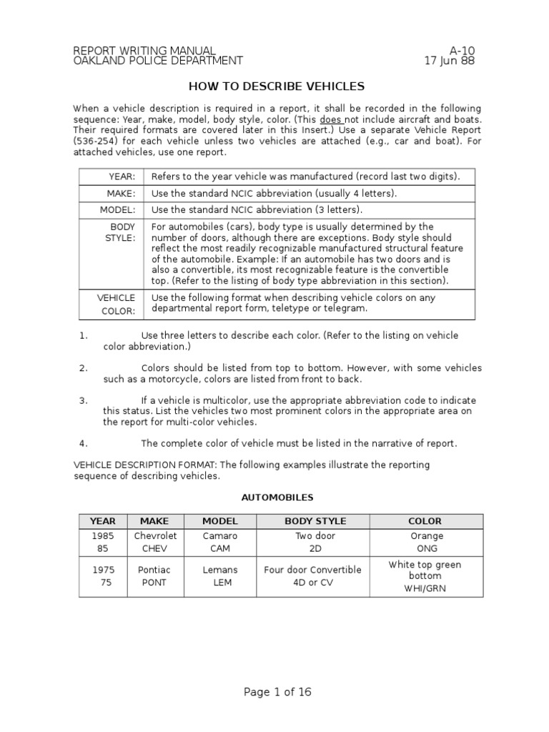 Vehicle Description Reporting Guide | PDF | Provinces And Territories ...