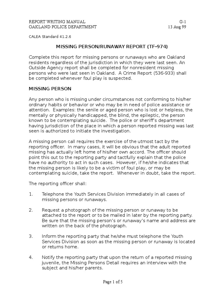 RWM G-01 Missing Person-Runaway Report-13Aug99 | PDF | Identity ...