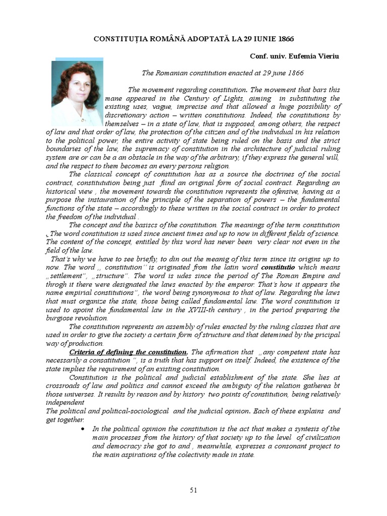 Constituţia Română Adoptată La 29 Iunie 1866 Conf. Univ. Eufemia Vieriu ...