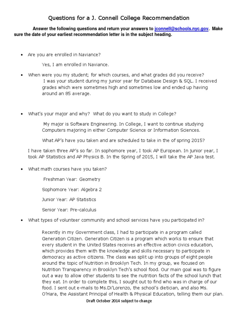 J. Connell College Recommendation Questions | PDF | Schools | Computing ...