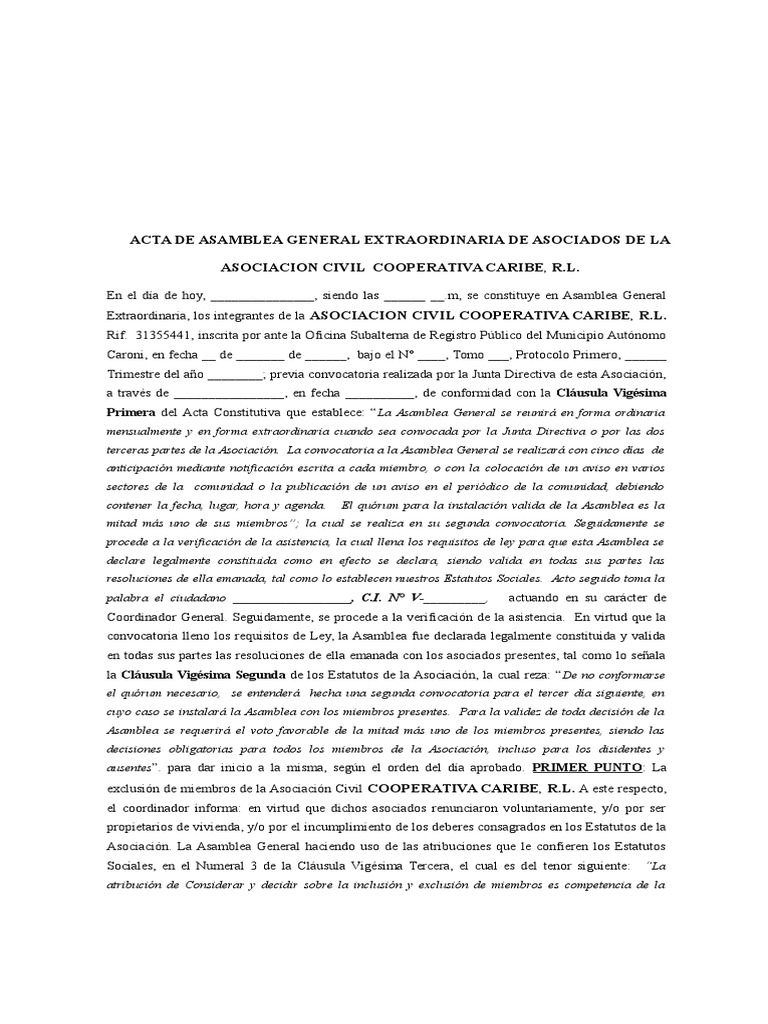 Modelo de Acta de Asamblea | PDF | Cooperativa | Quórum