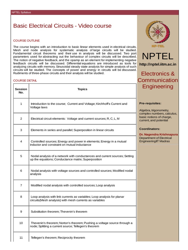 Nptel: Basic Electrical Circuits - Video Course | PDF | Electrical ...