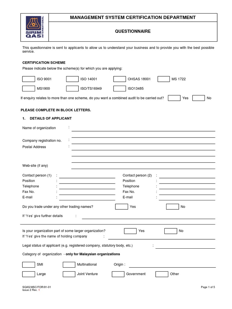 For 01-01 Questionnaire OHSAS | PDF | Occupational Safety And Health ...