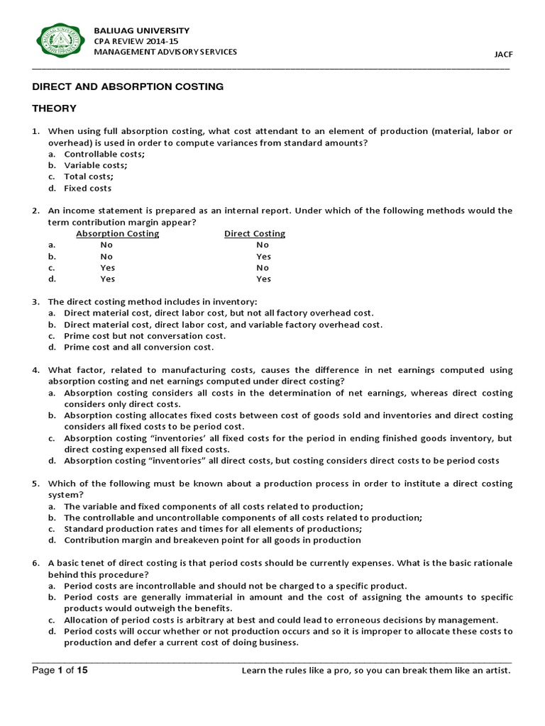 Direct vs. Absorption Costing Explained | PDF | Inventory | Profit ...
