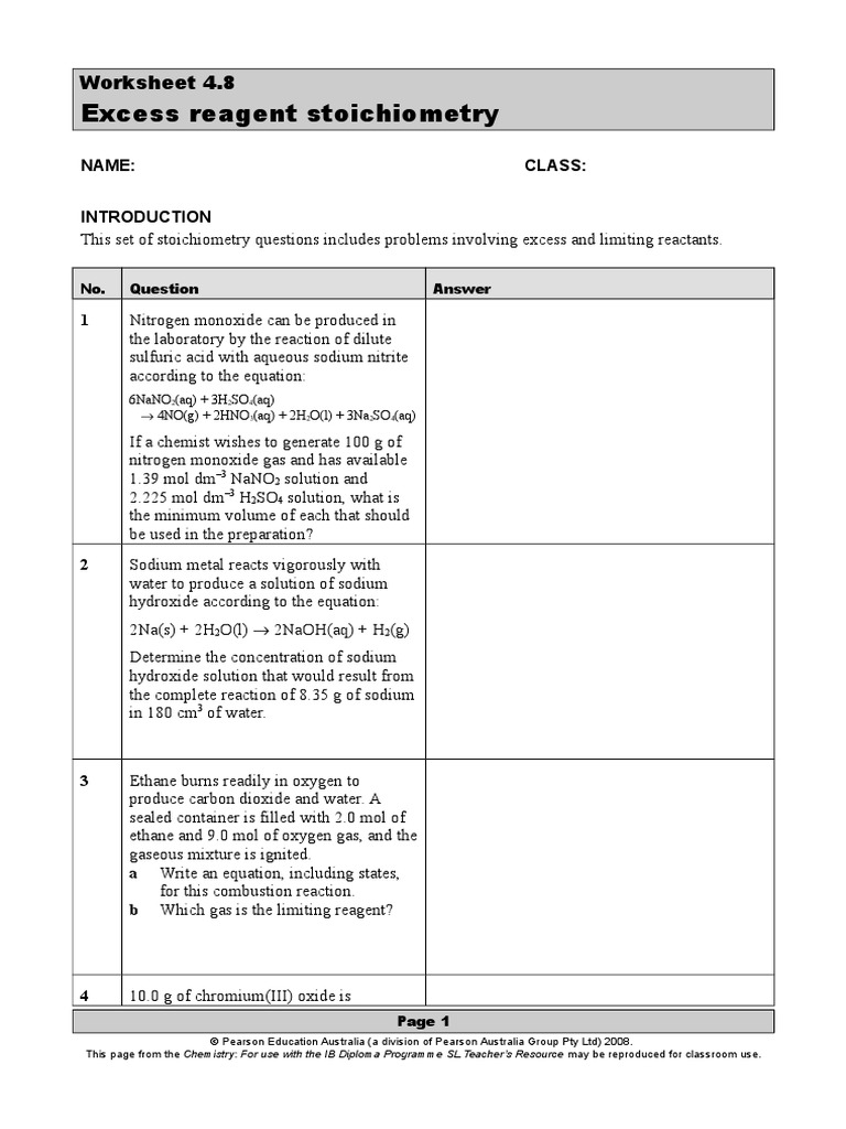 Excess Reagent Stoichiometry: Worksheet 4.8 | PDF | Stoichiometry ...