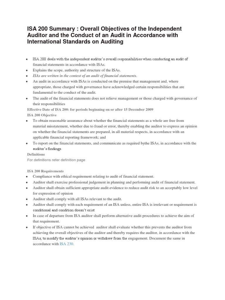 ISA 200 Summary | Financial Audit | Audit