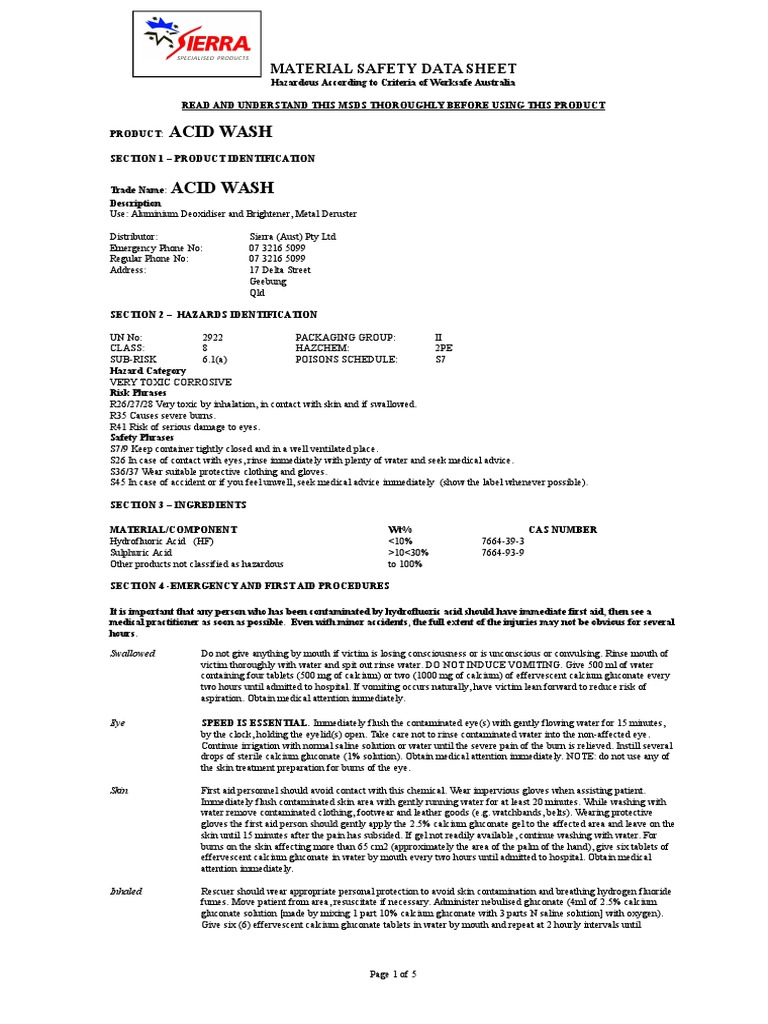 Msds Acid Wash | PDF | Fluoride | Burn