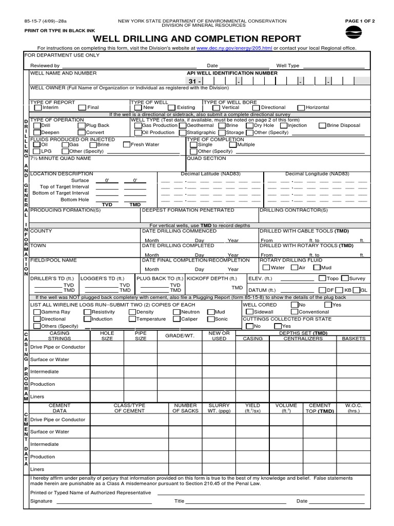 New York Well Drilling Report Form | PDF
