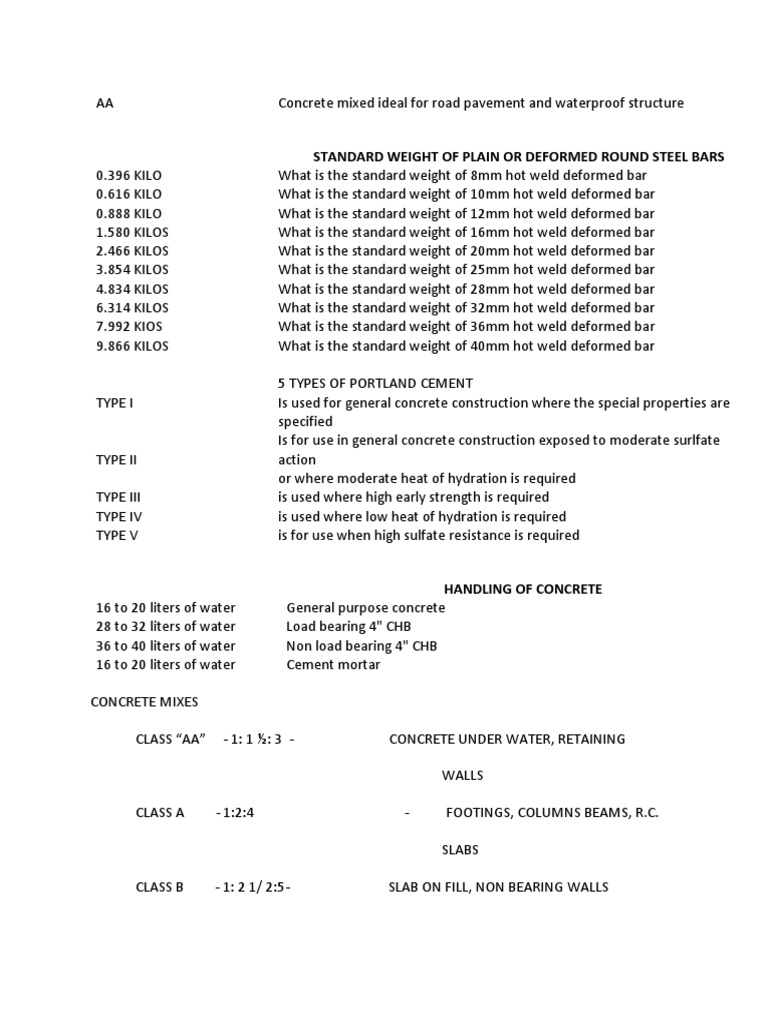 Standard Weights of Steel Bars & Concrete Mixes | PDF